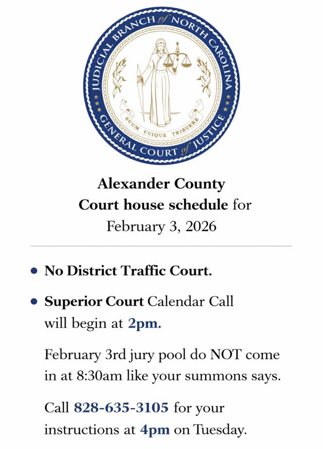Alexander County Courts Schedule Released For Tuesday